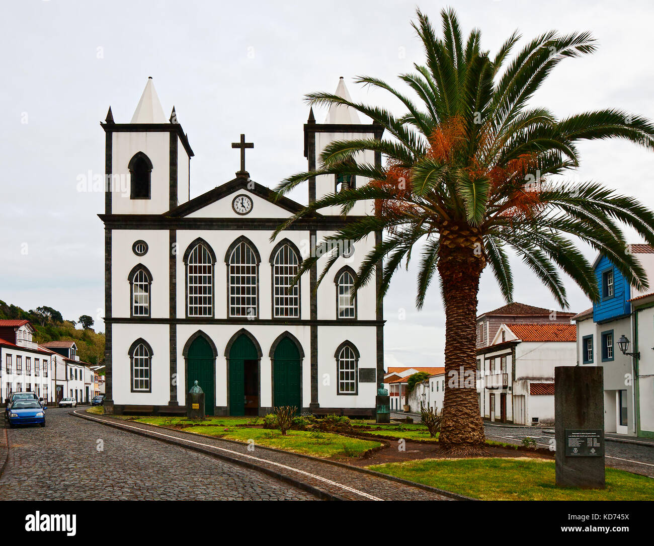 The urban landscape with palm trees and the Catholic Church, Azores ...