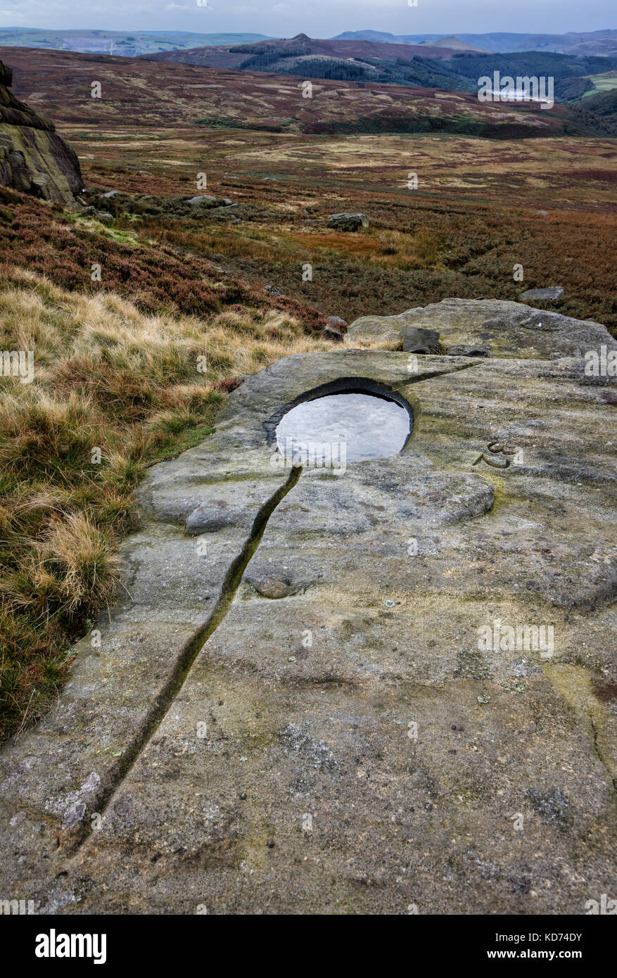 Numbered carved rock basin 32 on Stanage Edge near Hathersage in the ...