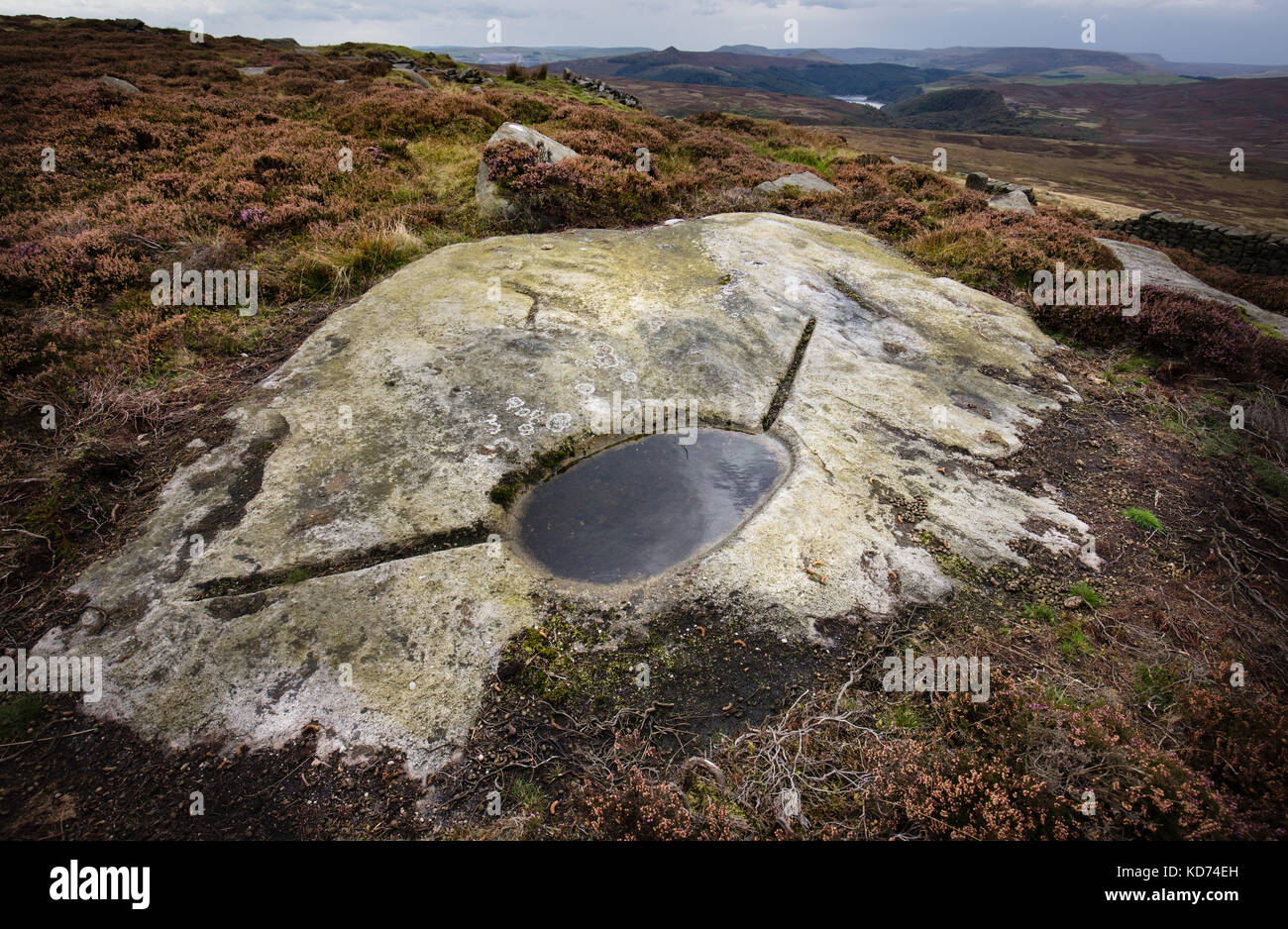 Numbered carved rock basin 35 on Stanage Edge near Hathersage in the ...