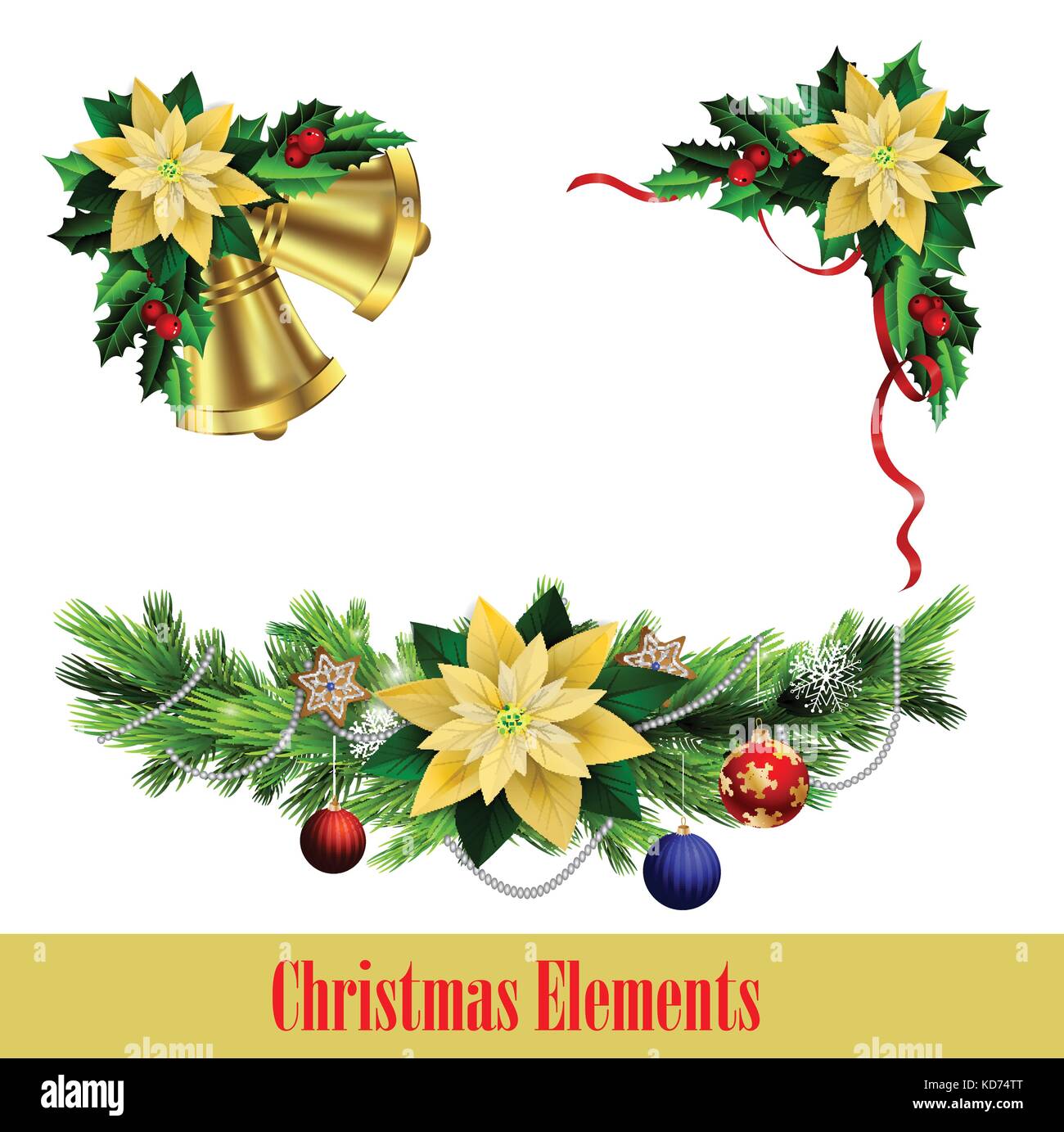 Christmas decoration set with evergreen trees holly poinsettia vector ...