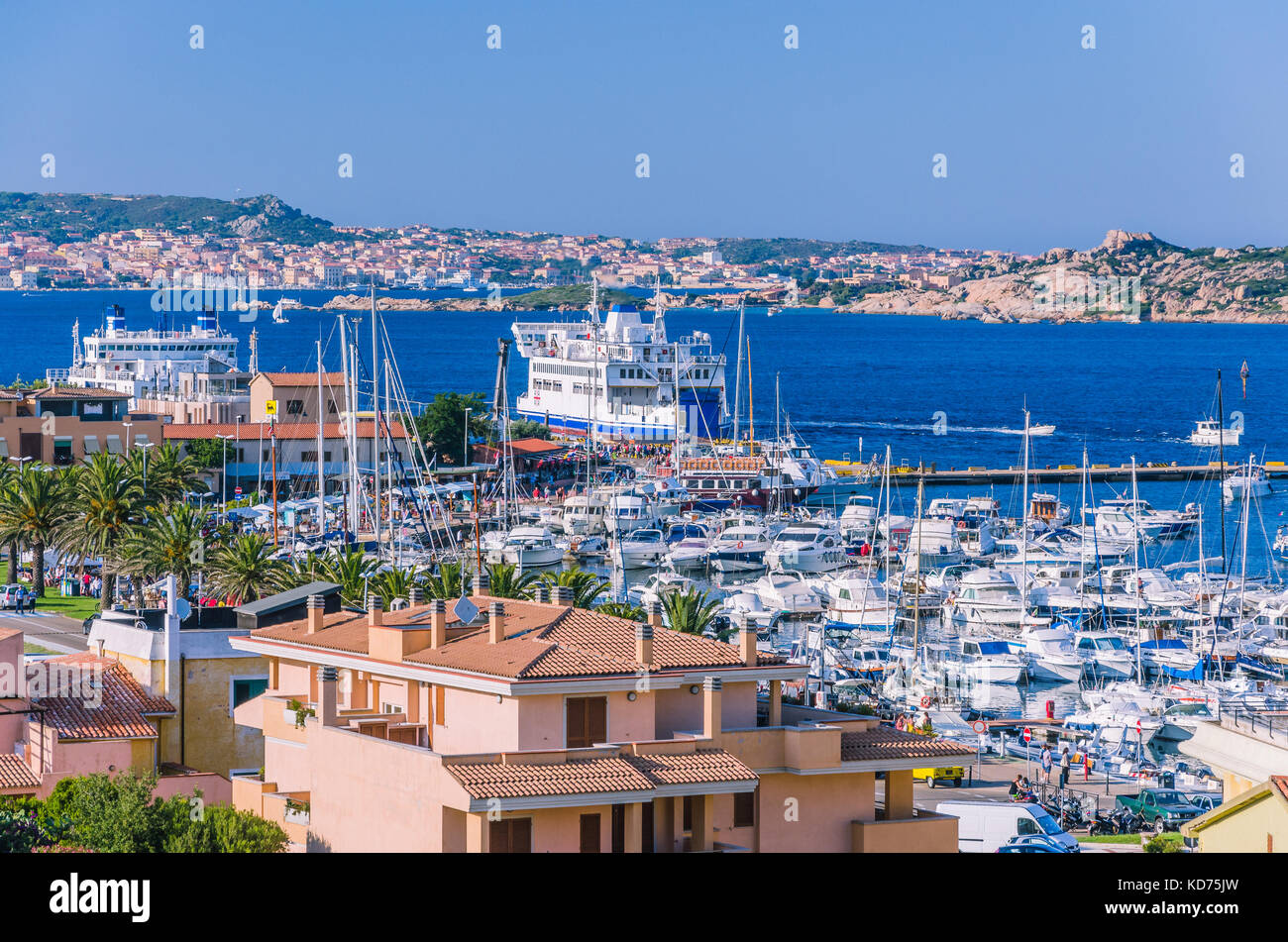 Port of Palau on sardinia island with farry and yacht boats. La ...
