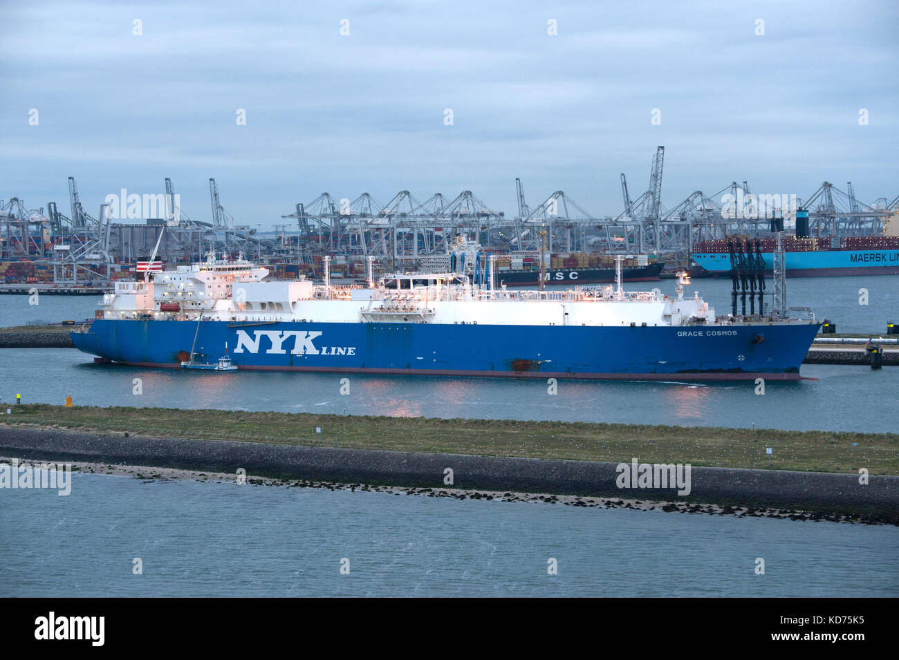 Rotterdam container port with container ships, cargo ships and cranes ...