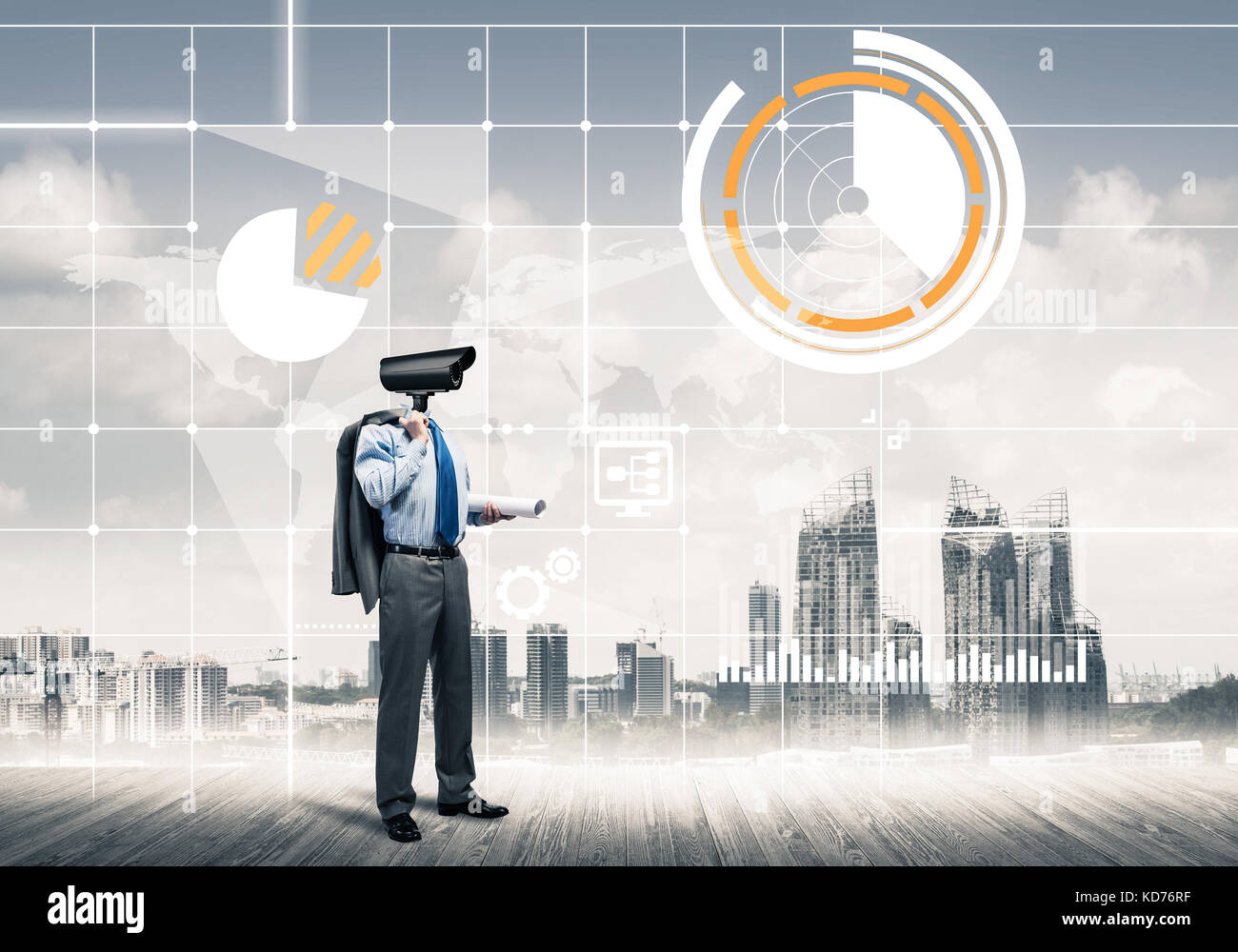 Camera headed man standing on wooden floor against modern citysc Stock ...