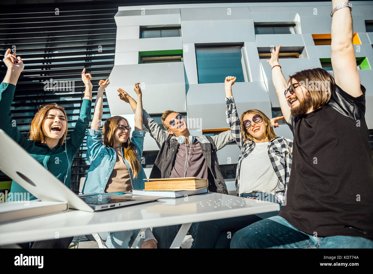 Teamwork cooperation emotions of group of students, happy successful ...