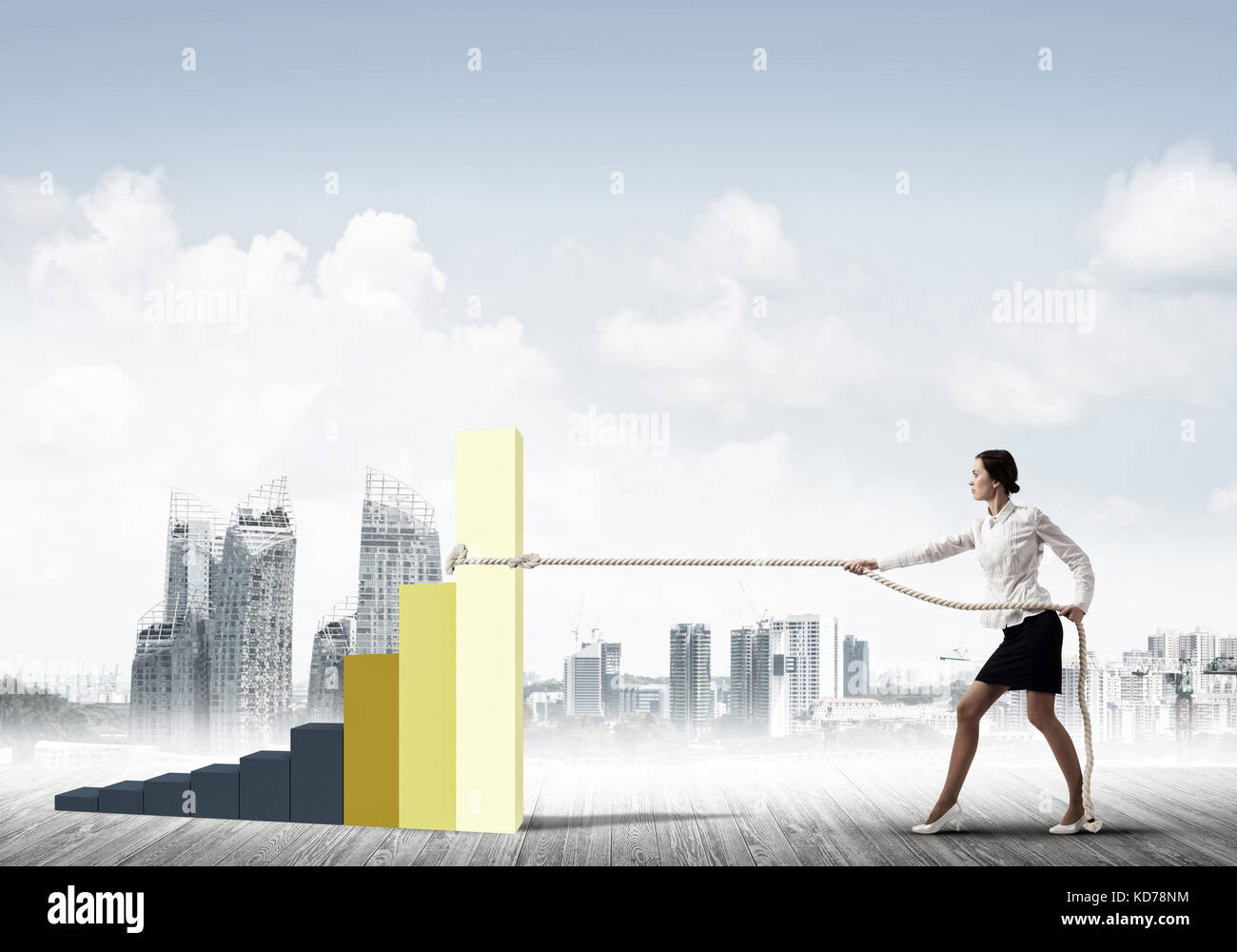 Businesswoman pulling arrow with rope and making it raise up Stock ...