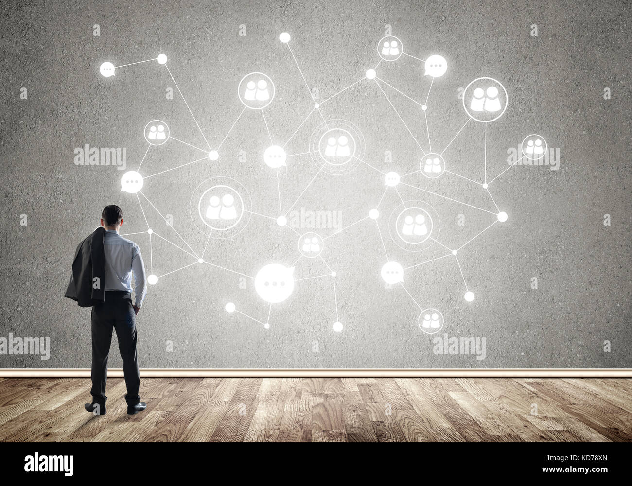 Connection lines drawn on concrete wall as symbol for networking Stock ...