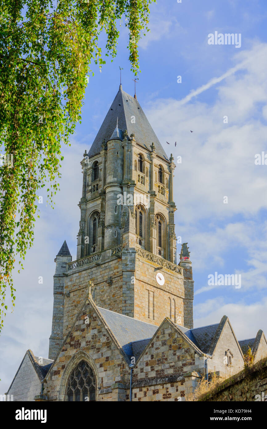View of the church tower in the village Orbec, in the Calvados ...