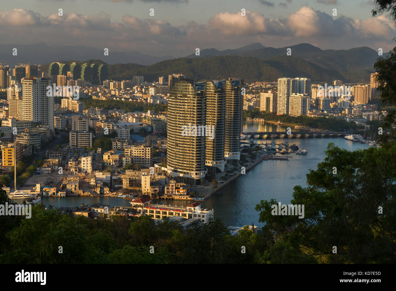 Evening view of Sanya from the top of a hill in a Luhuitou Park Stock ...