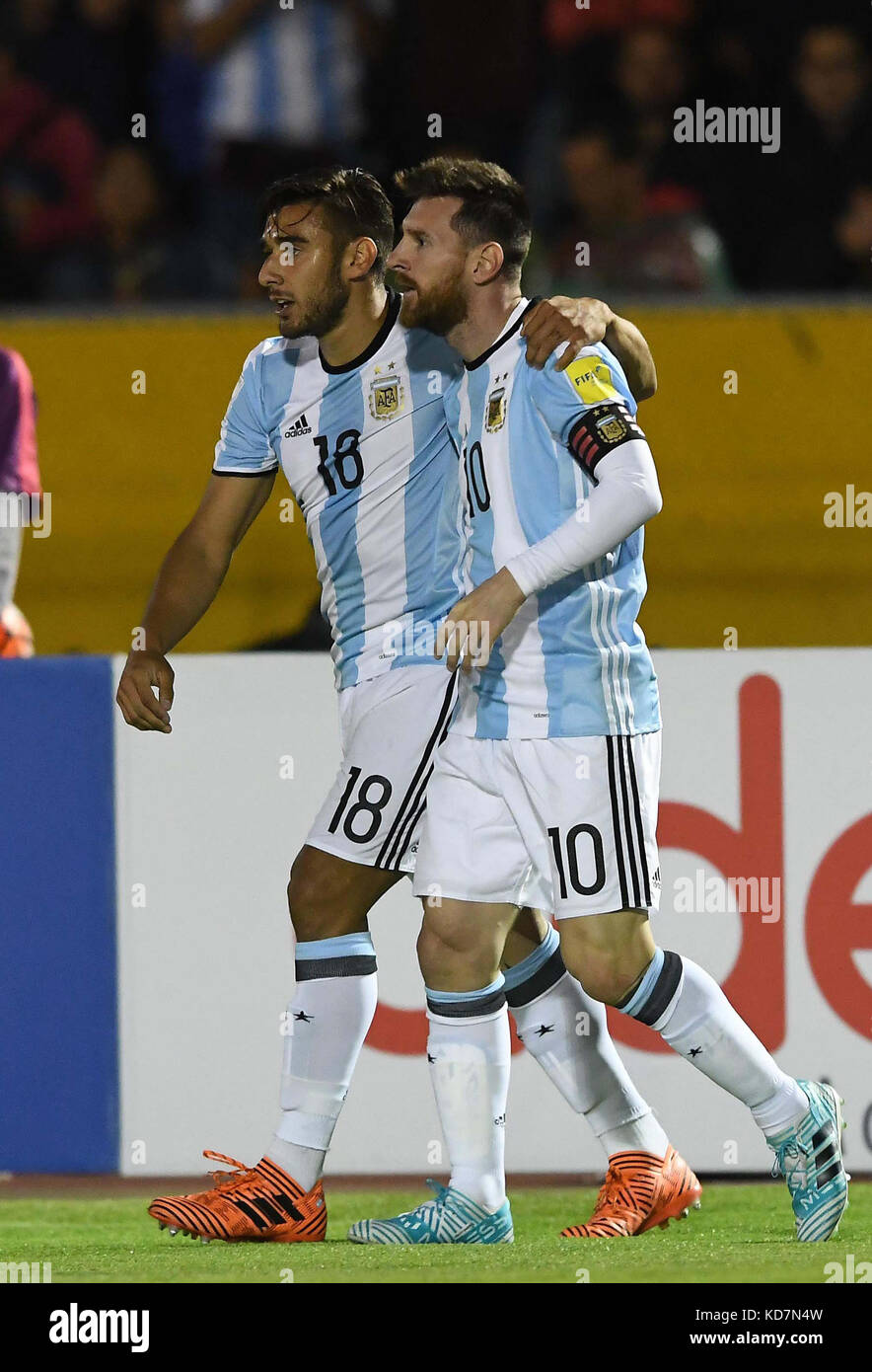 Quito, Ecuador. 10th Oct, 2017. Argentina's Lionel Messi (R) celebrates ...