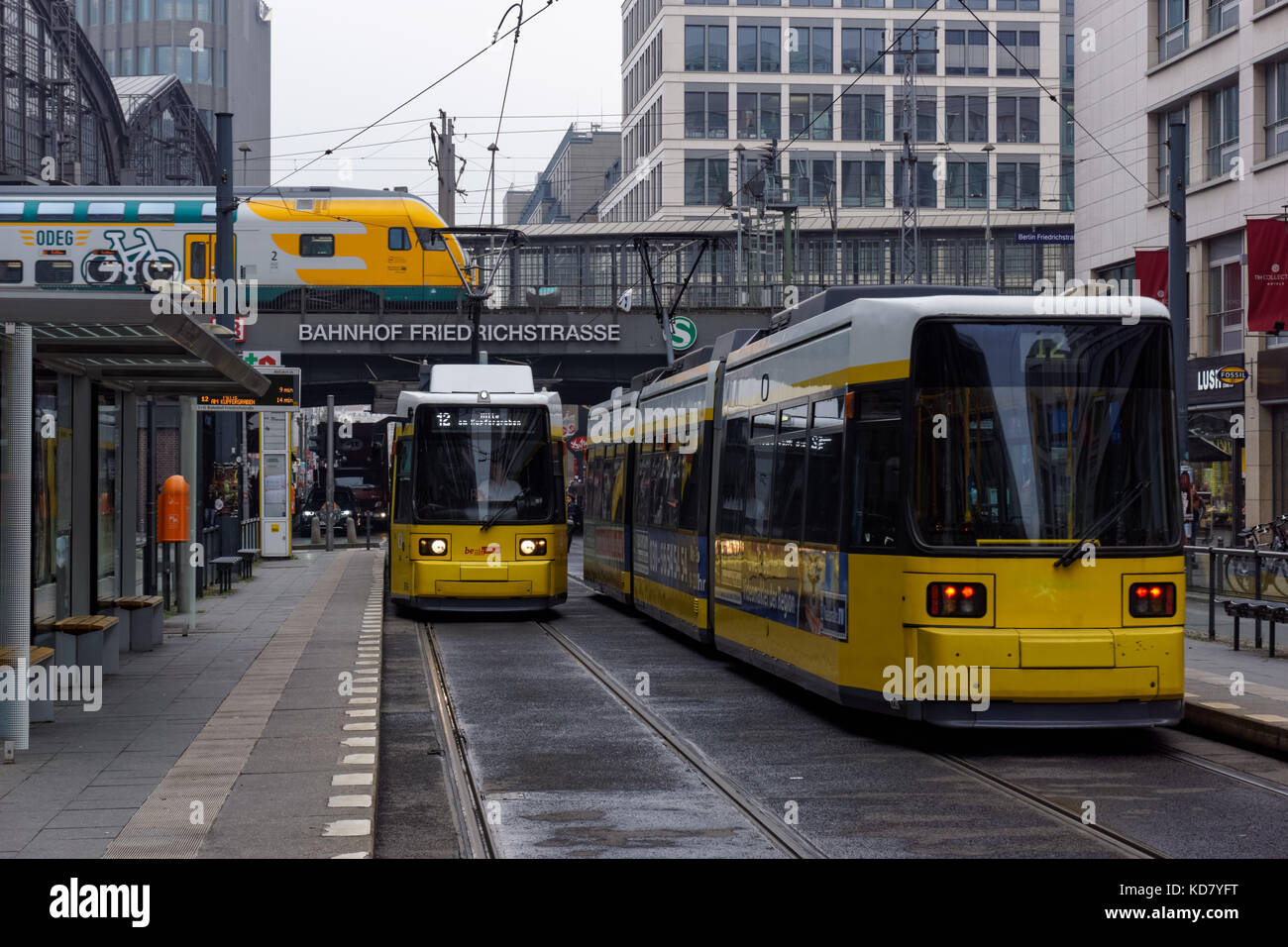 Modern trams near Friedrichstrasse station in Berlin, Germany Stock ...