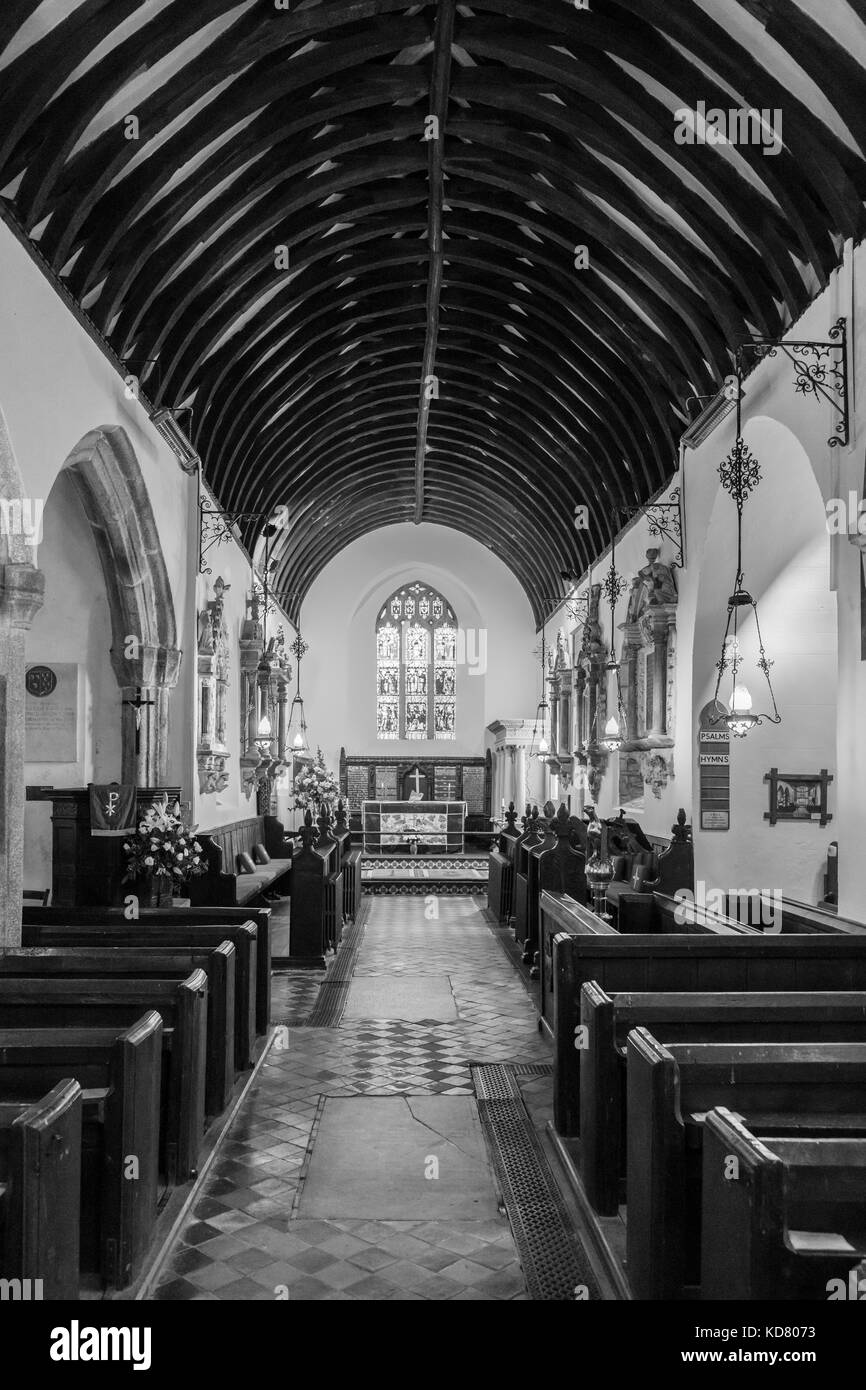 Interior of the ancient 13th century All Saints Church, Clovelly, a ...