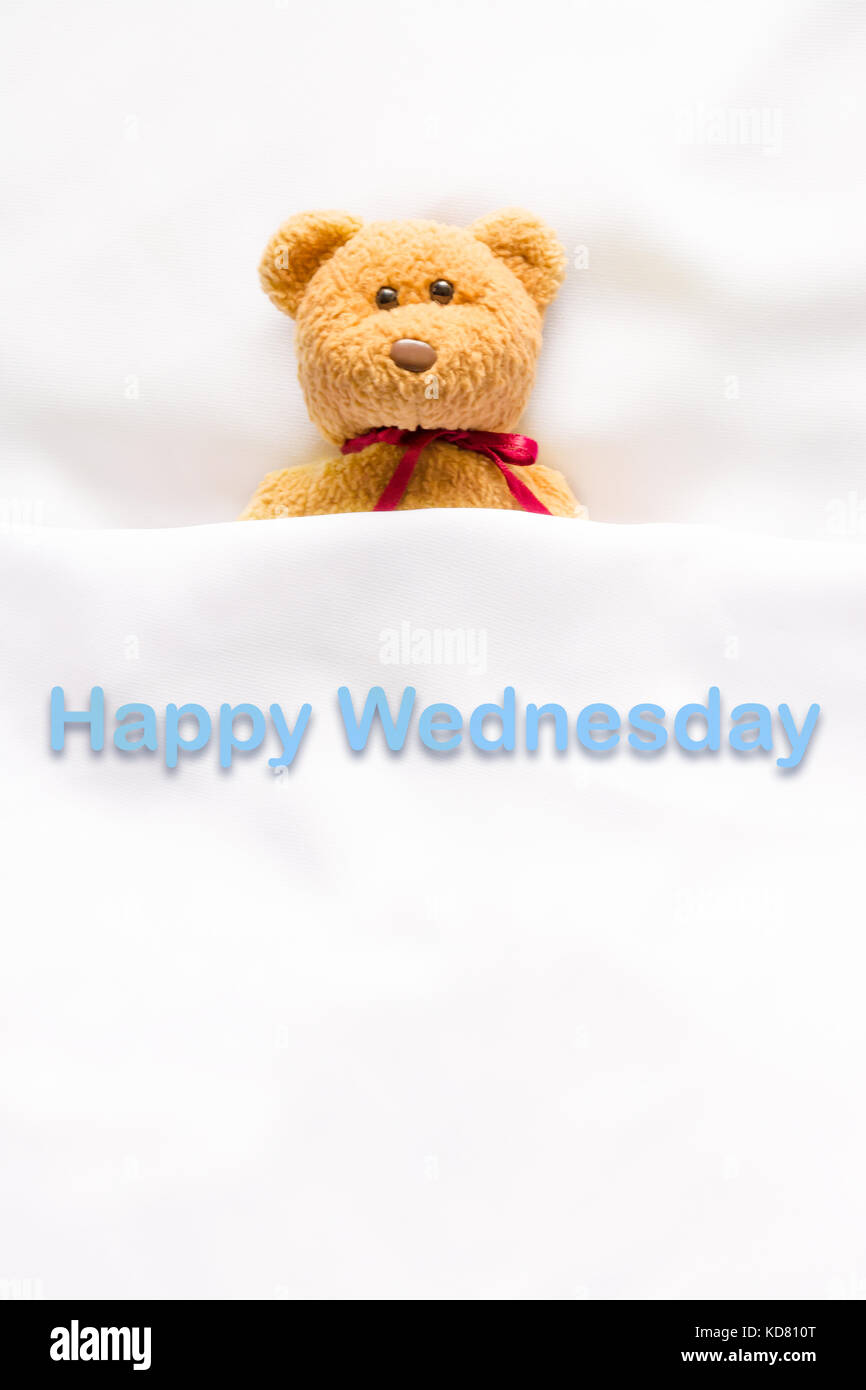Teddy Bear lying in the white bed with message " Happy Wednesday Stock ...