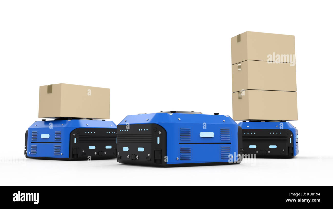 3d rendering warehouse robot carry boxes on white background Stock ...