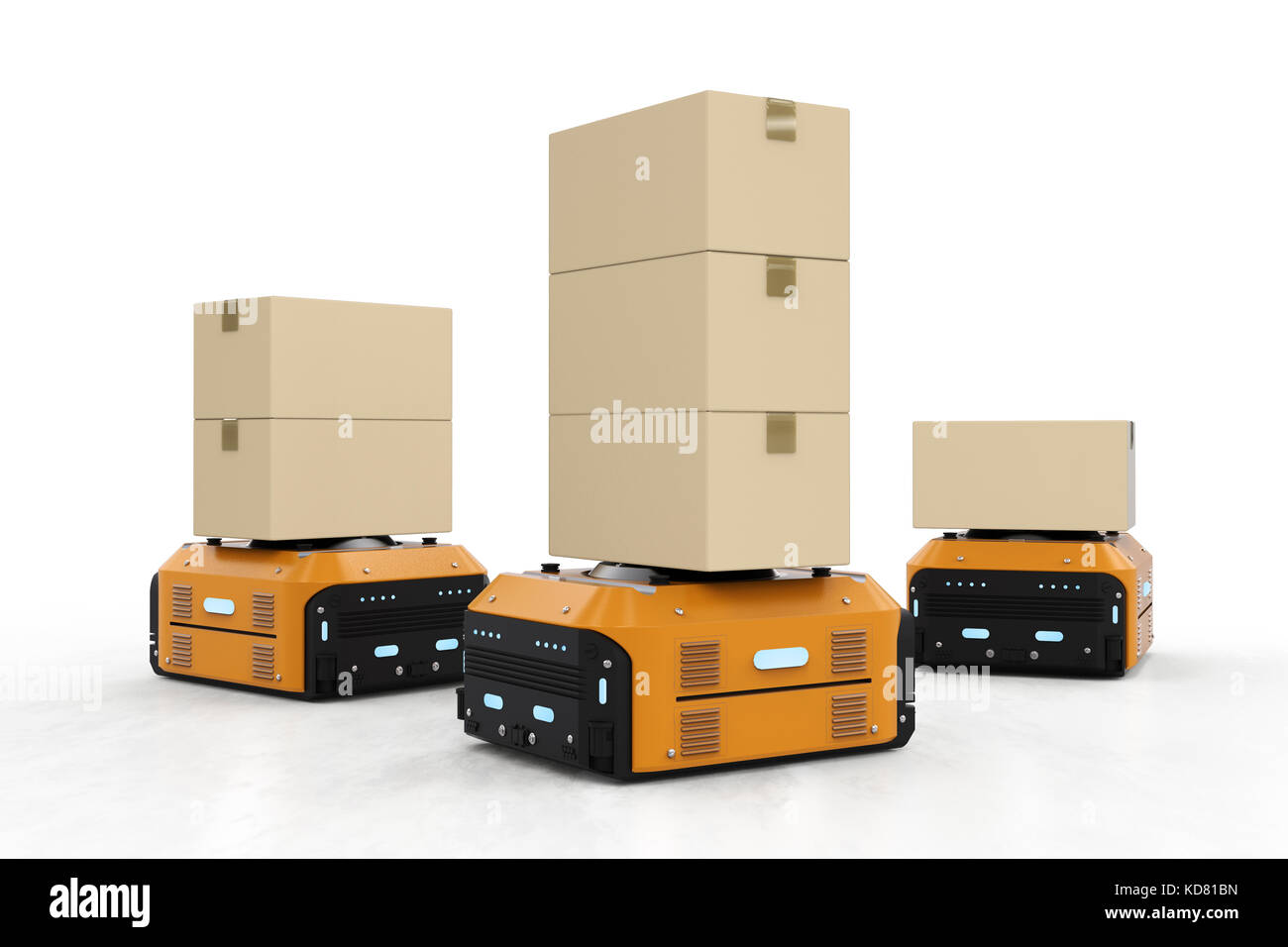 3d rendering warehouse robot carry boxes on white background Stock ...