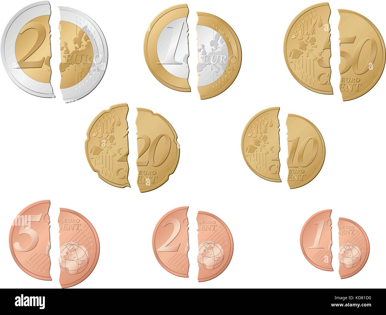 Broken euro coins set isolated on a white background. Vector ...