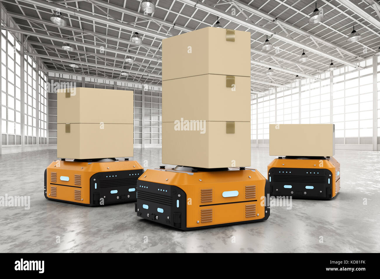 3d rendering warehouse robots carry boxes in factory Stock Photo - Alamy