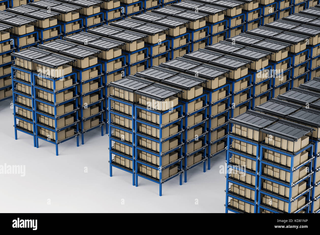 3d rendering racks full of carton boxes in warehouse Stock Photo - Alamy