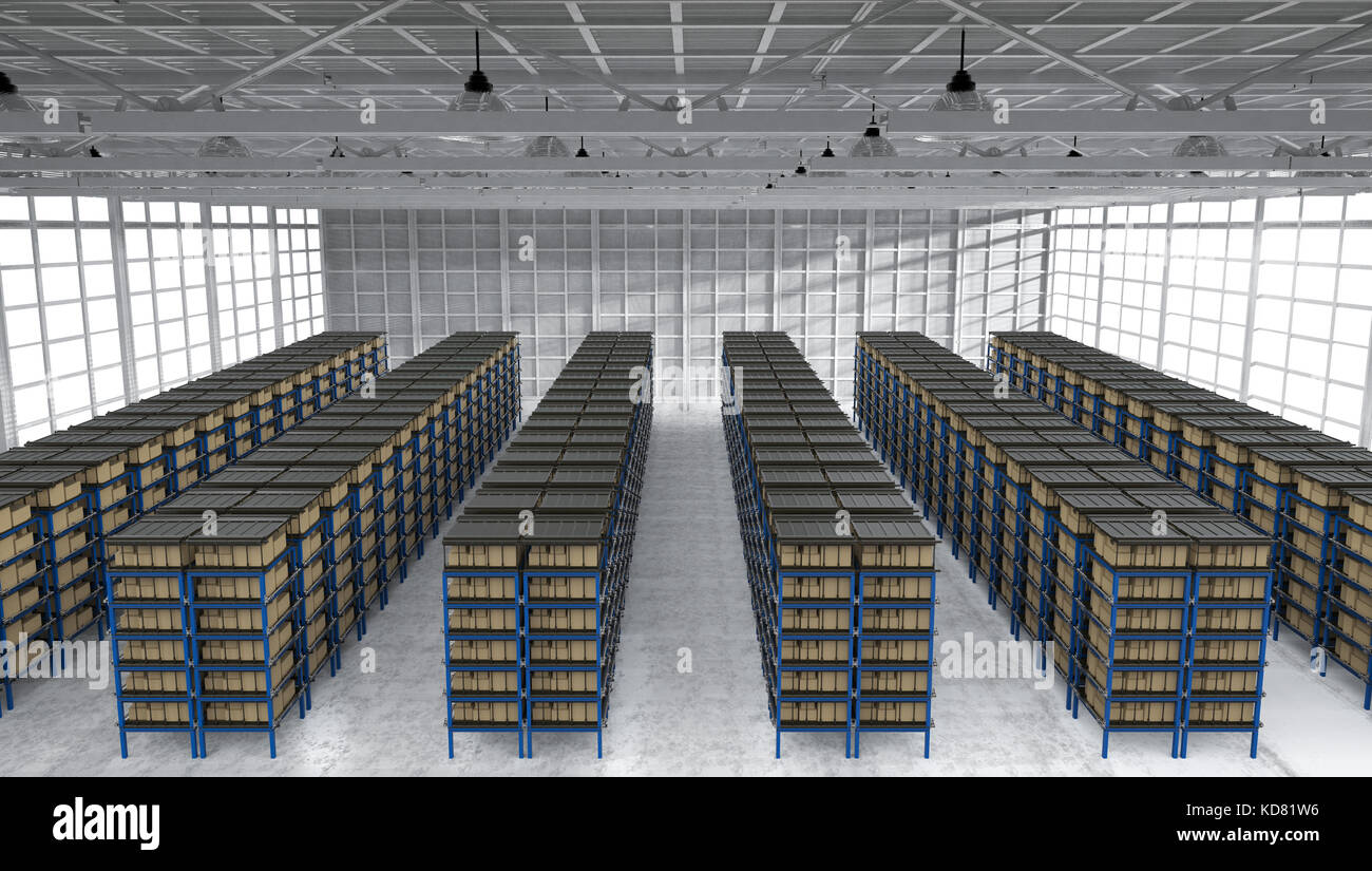 3d rendering racks full of carton boxes in warehouse Stock Photo - Alamy
