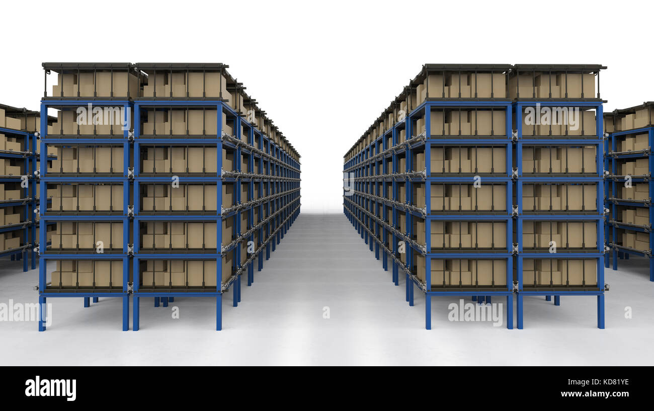 3d rendering racks full of carton boxes in warehouse Stock Photo - Alamy
