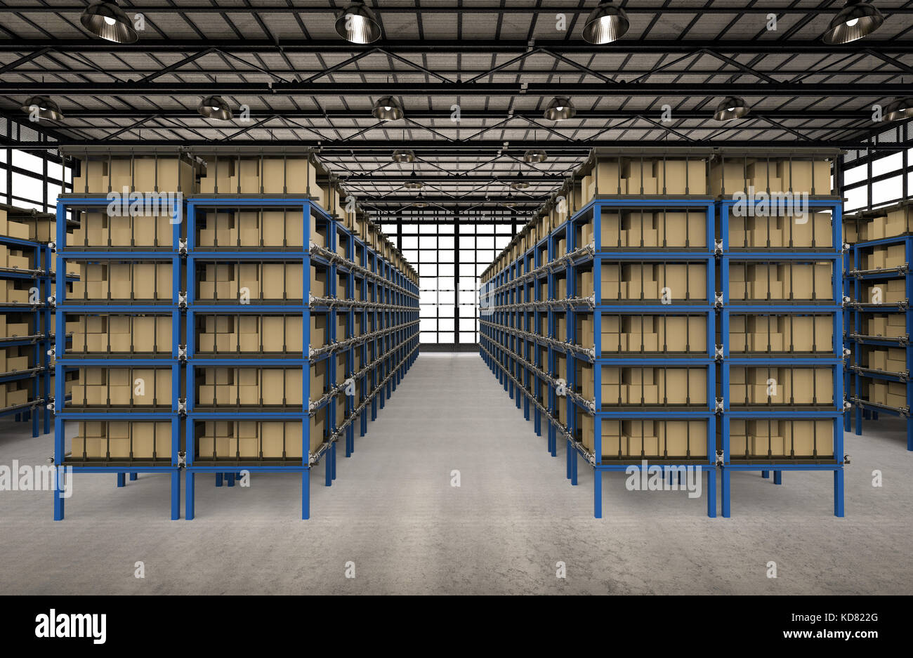 3d rendering racks full of carton boxes in warehouse Stock Photo - Alamy