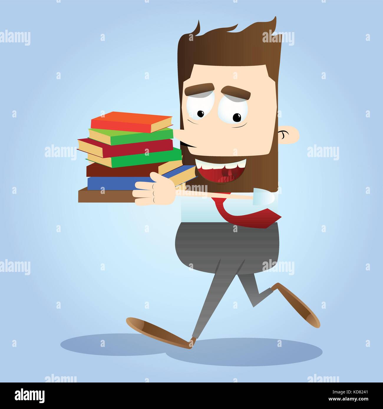 Happy smiling successful business office worker running with books ...