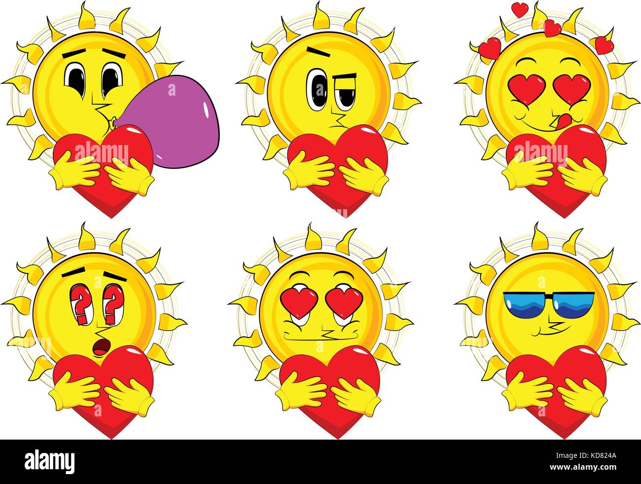 Cartoon sun hugging big red heart. Collection with various facial ...
