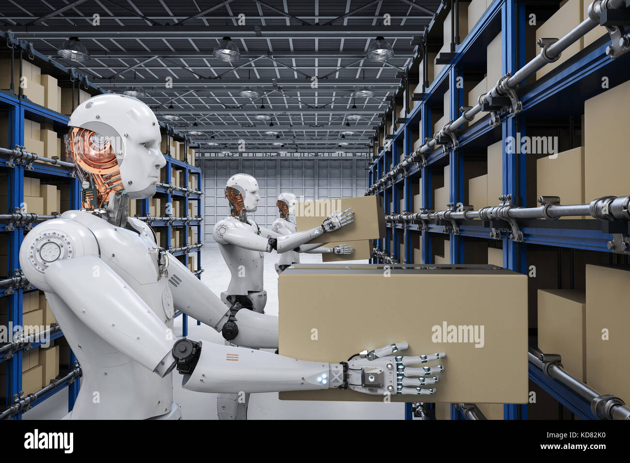 3d rendering humanoid robots carry boxes in warehouse Stock Photo - Alamy