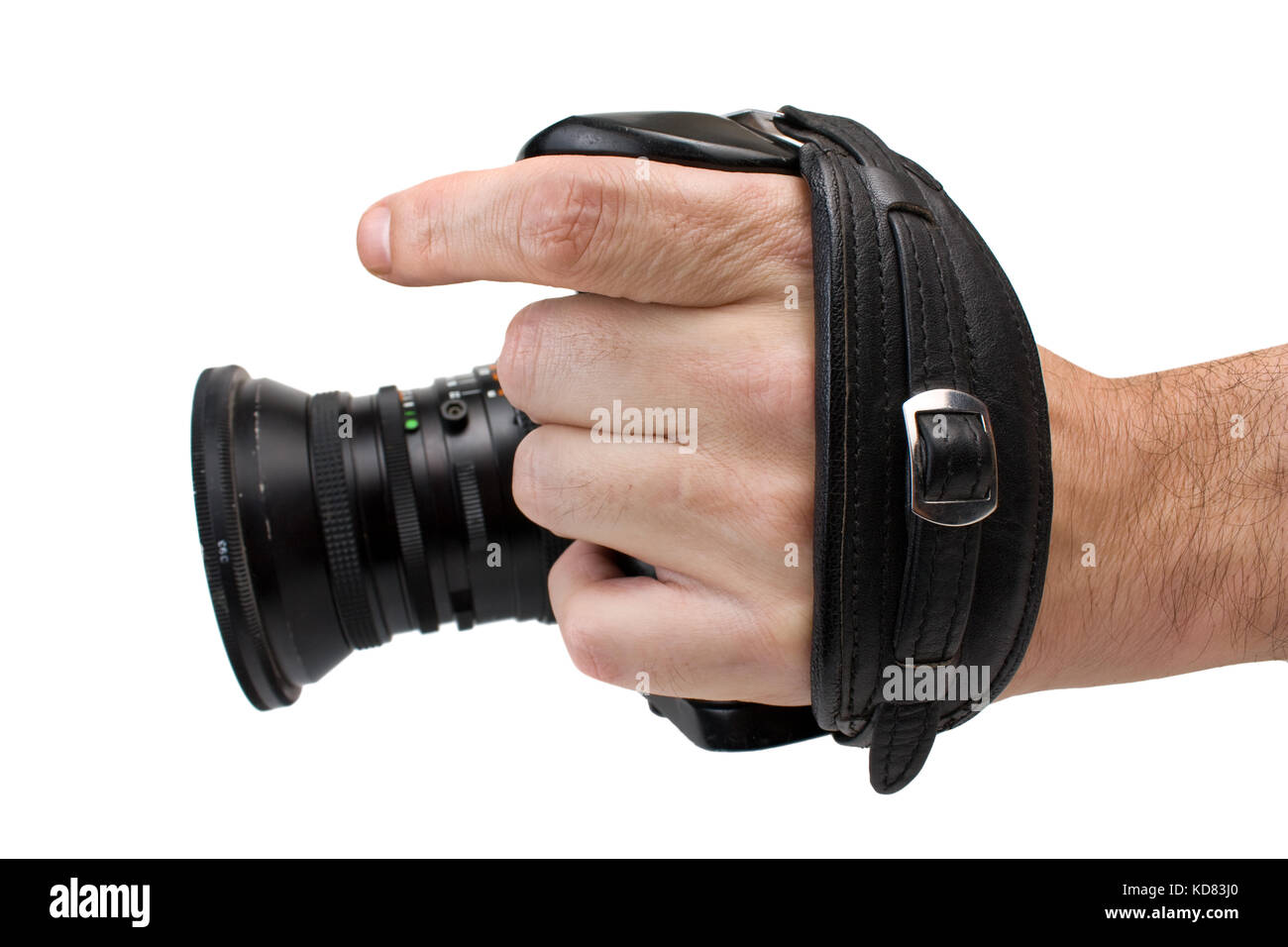 hand holds the handle of the camera isolated on white background Stock ...