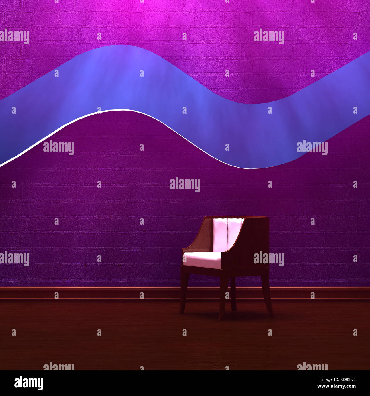 Alone chair with blue wave on the wall Stock Photo - Alamy