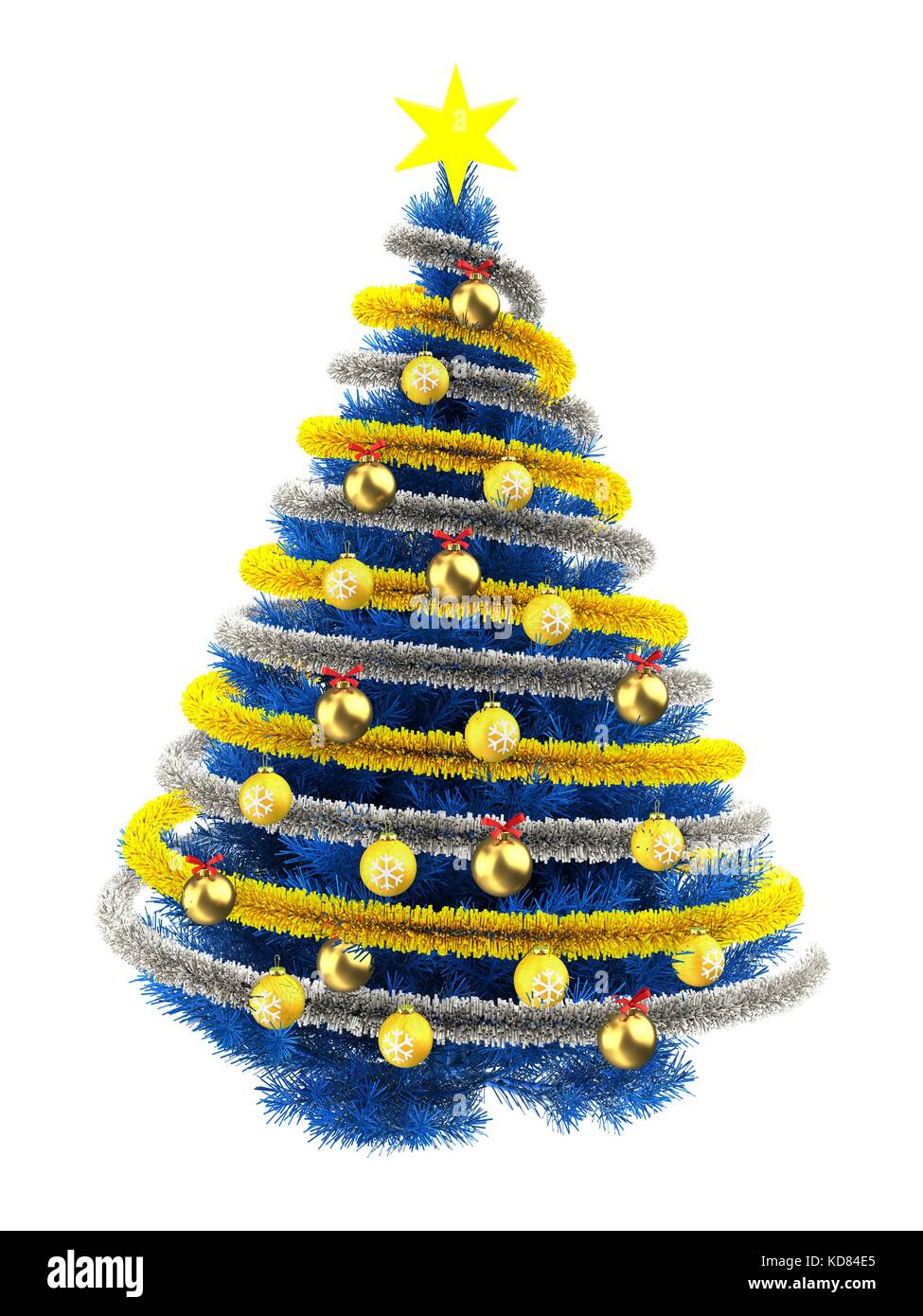 3d illustration of blue Christmas tree over white with yellow balls and ...