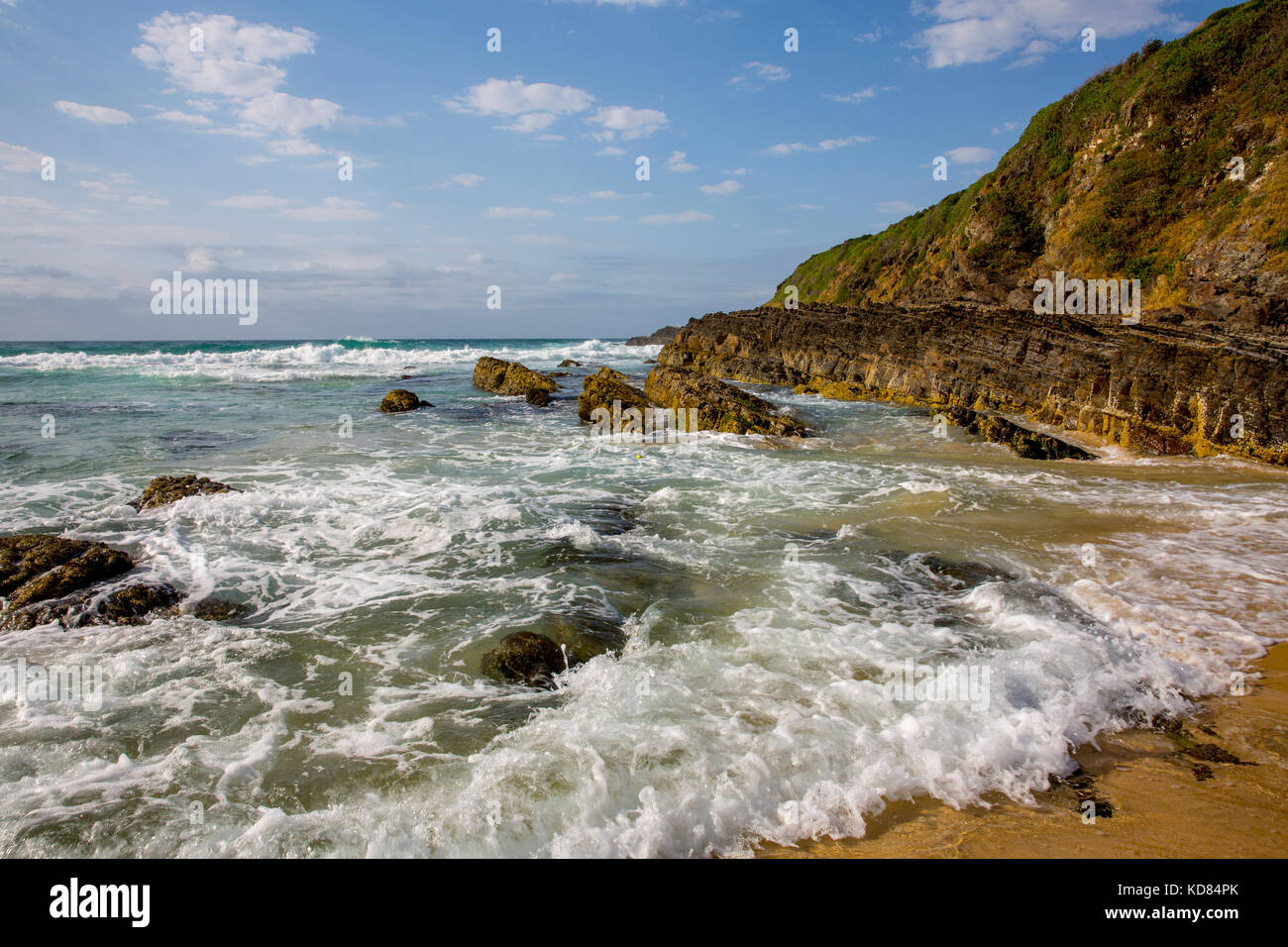 Wild and rugged coastline at Blueys beach, a beach in Forster on the ...