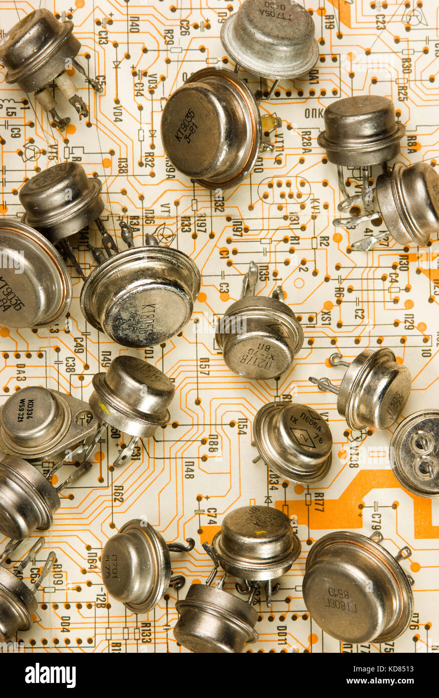 Old electronic components lie on the wiring diagram Stock Photo - Alamy