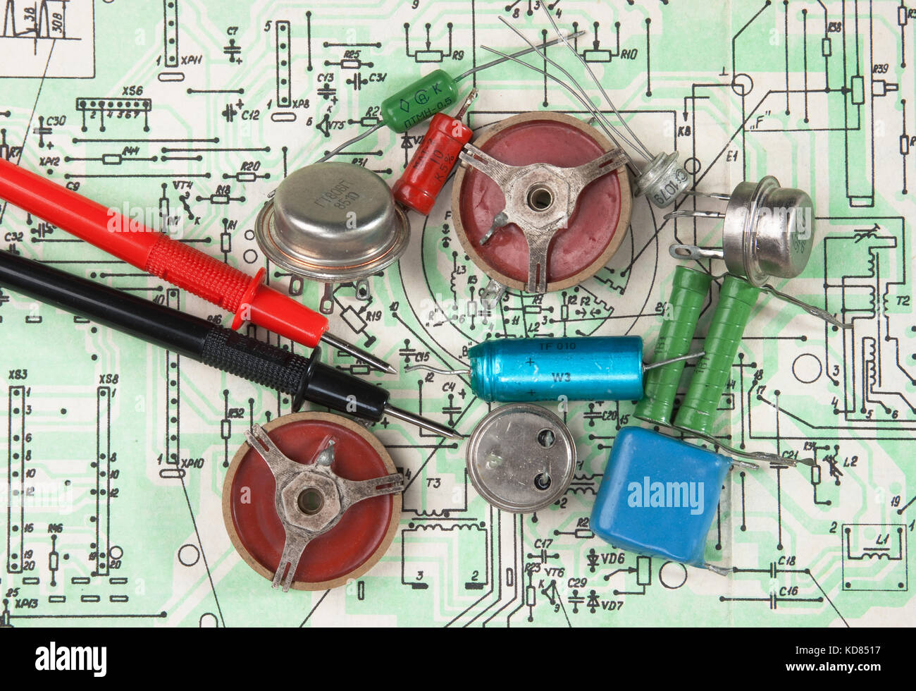 Old electronic components lie on the wiring diagram Stock Photo - Alamy