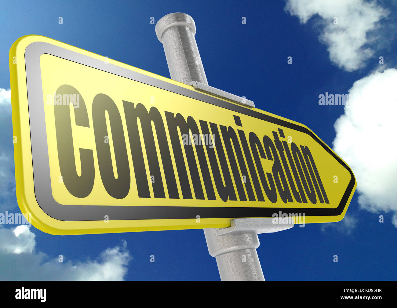 Yellow road sign with communication word under blue sky image with hi ...