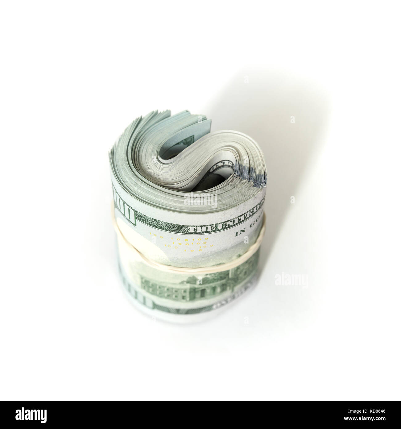 USA currency, roll of One Hundred Dollars stands isolated on white ...