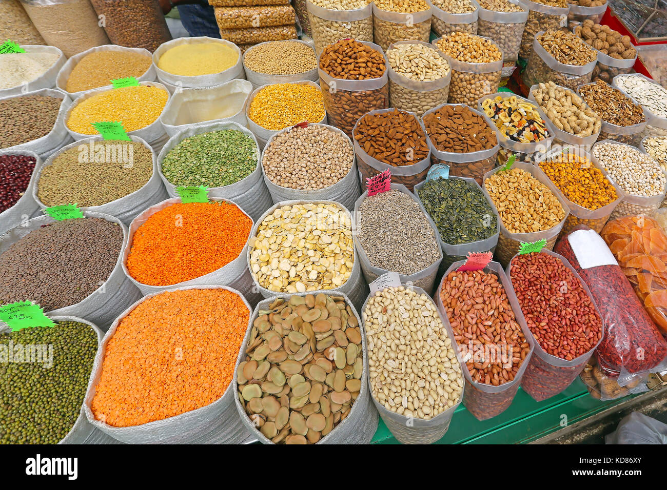Dried Fruits and Nuts in Bulk Bags at Market Stock Photo - Alamy