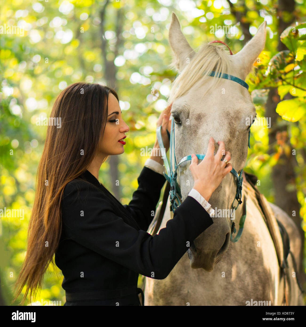 Young brunette beauty girl gently caressing her horse in the park Stock ...