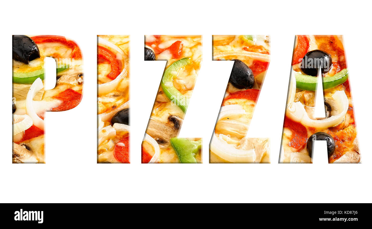 Pizza letters with traditional pizza inside on white background Stock ...