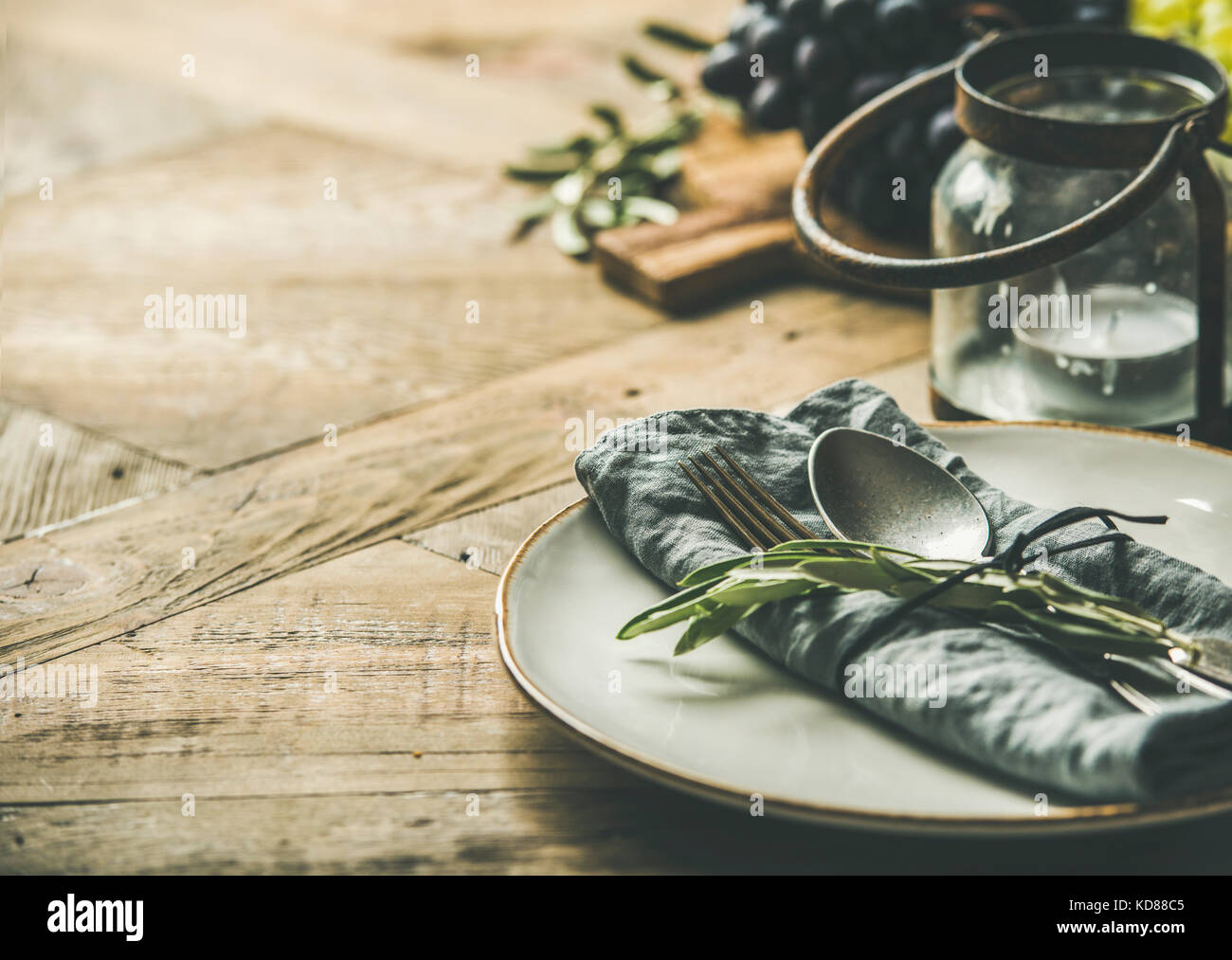Fall holiday table party decoration setting. Plate with linen napkin ...