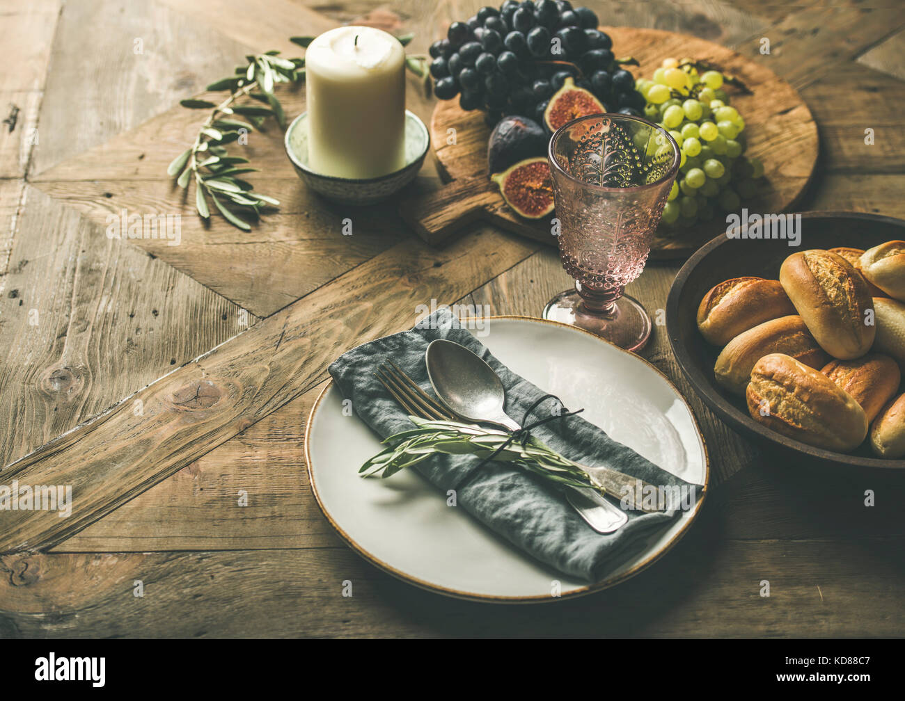 Fall holiday table party decoration setting. Plate with linen napkin ...