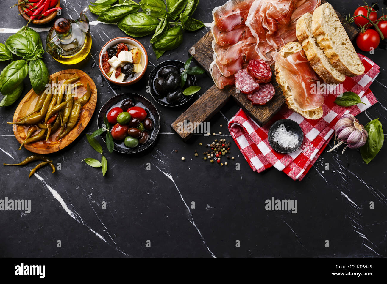 Italian snacks food with Ham, Sliced bread Ciabatta, Olives, Feta ...