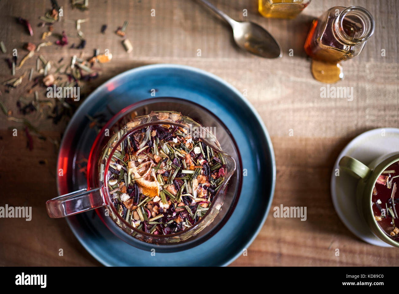 Beautiful tray of tea being prepared. Overhead showing texture of loose ...