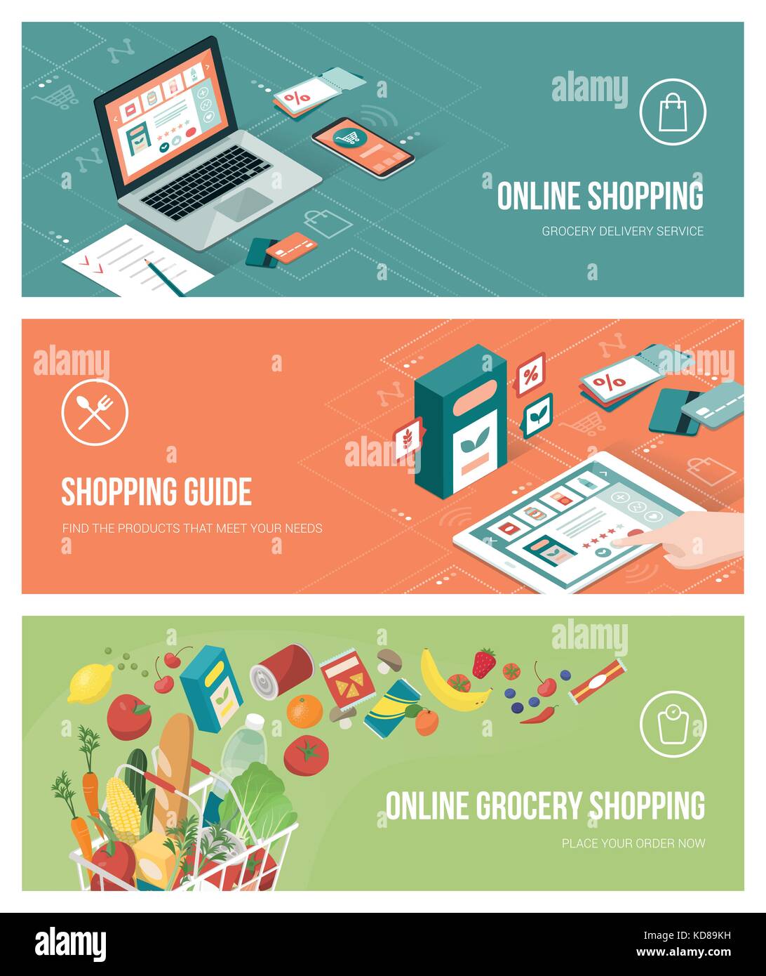 Grocery shopping online using apps on a laptop, smartphone and tablet ...