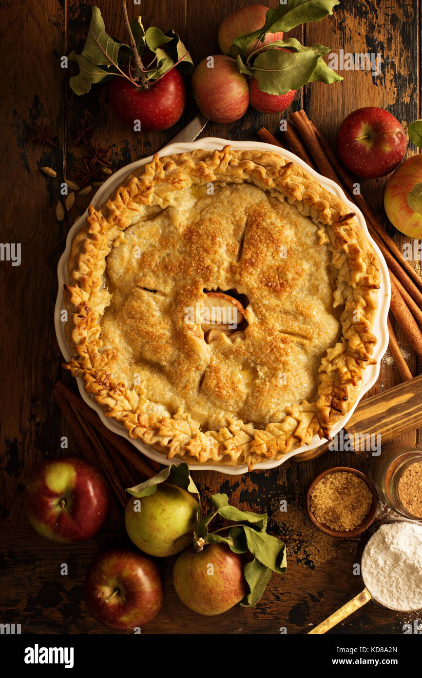 Apple pie decorated with fall leaves Stock Photo - Alamy