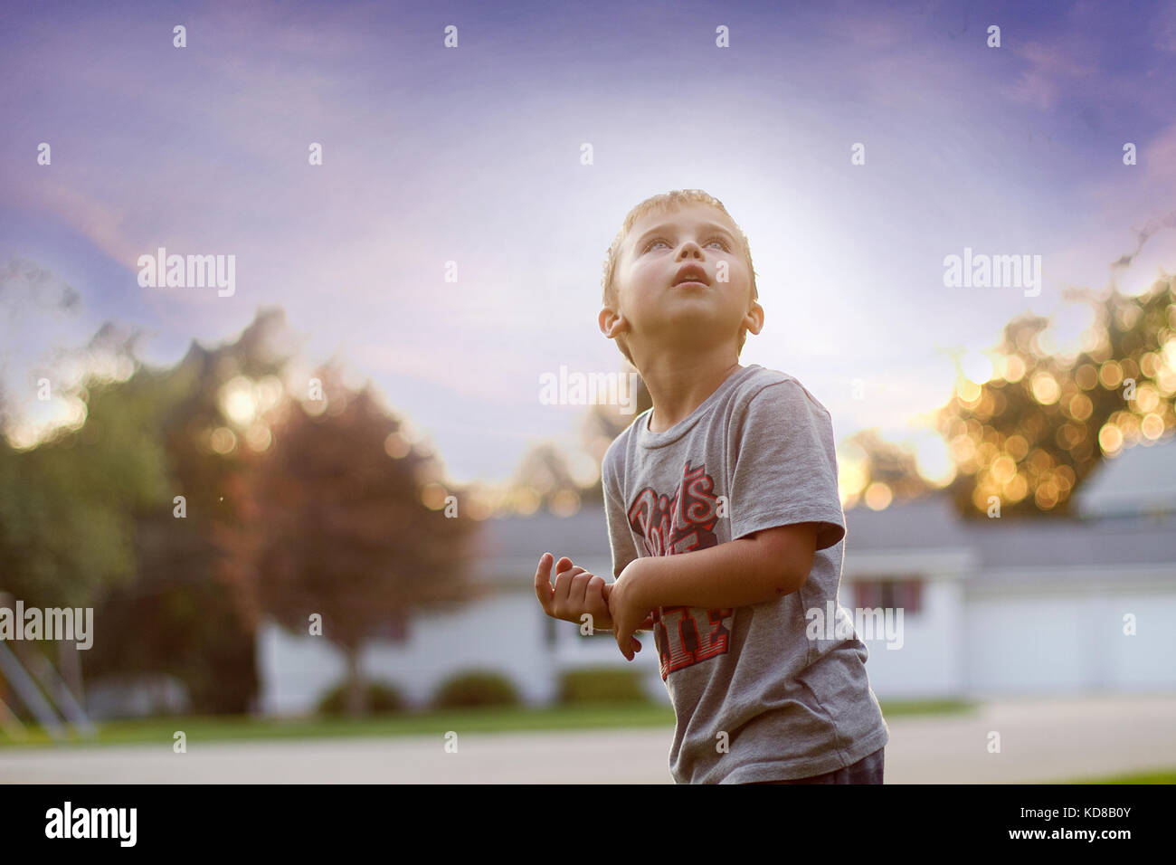 Portrait of a boy looking up at the sky Stock Photo - Alamy