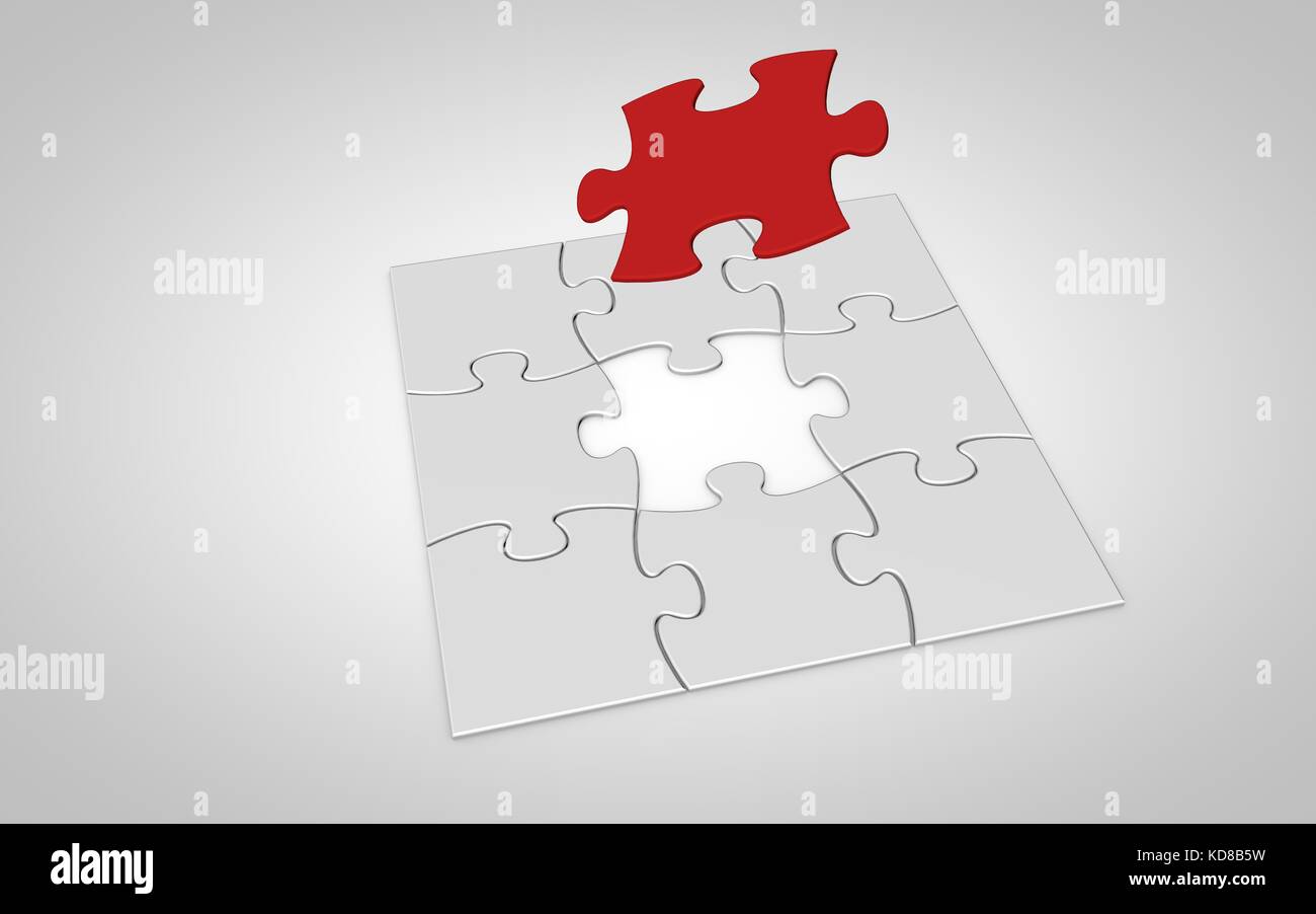 Nine puzzle pieces falling from top to white background. Final red ...