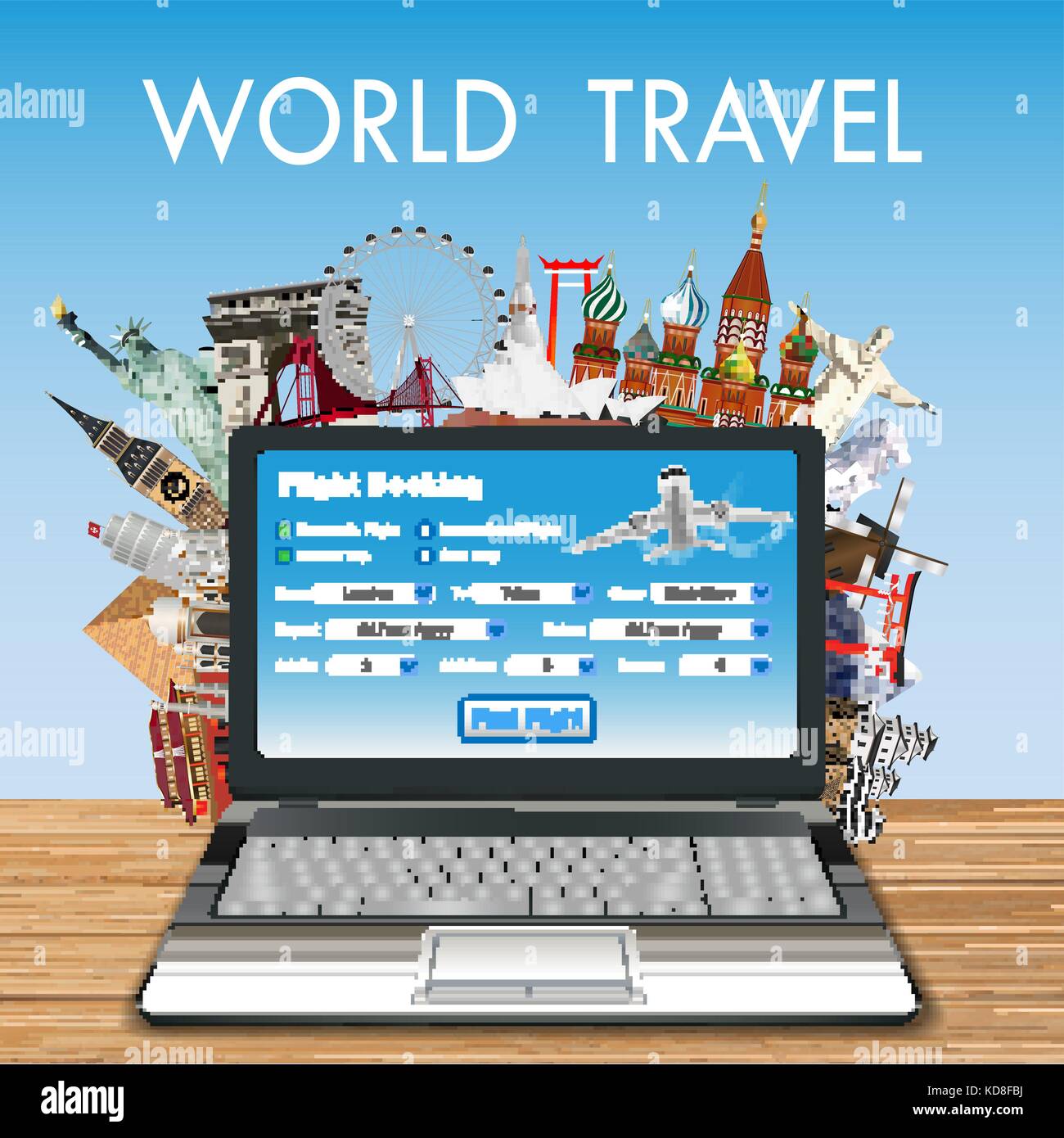 laptop online flight booking with travel landmark Stock Vector Image ...