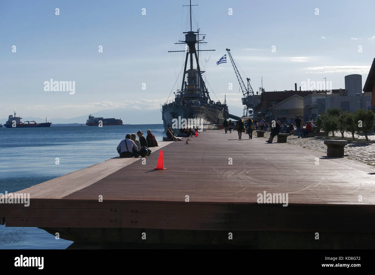 Greek warship Averof moored at port of Thessaloniki, Greece with Greek ...