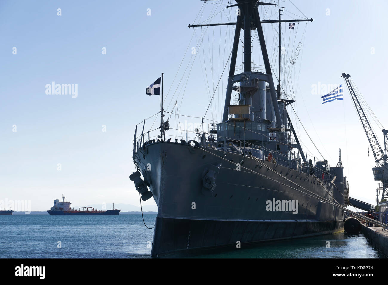 Greek warship Averof moored at port of Thessaloniki, Greece with Greek ...