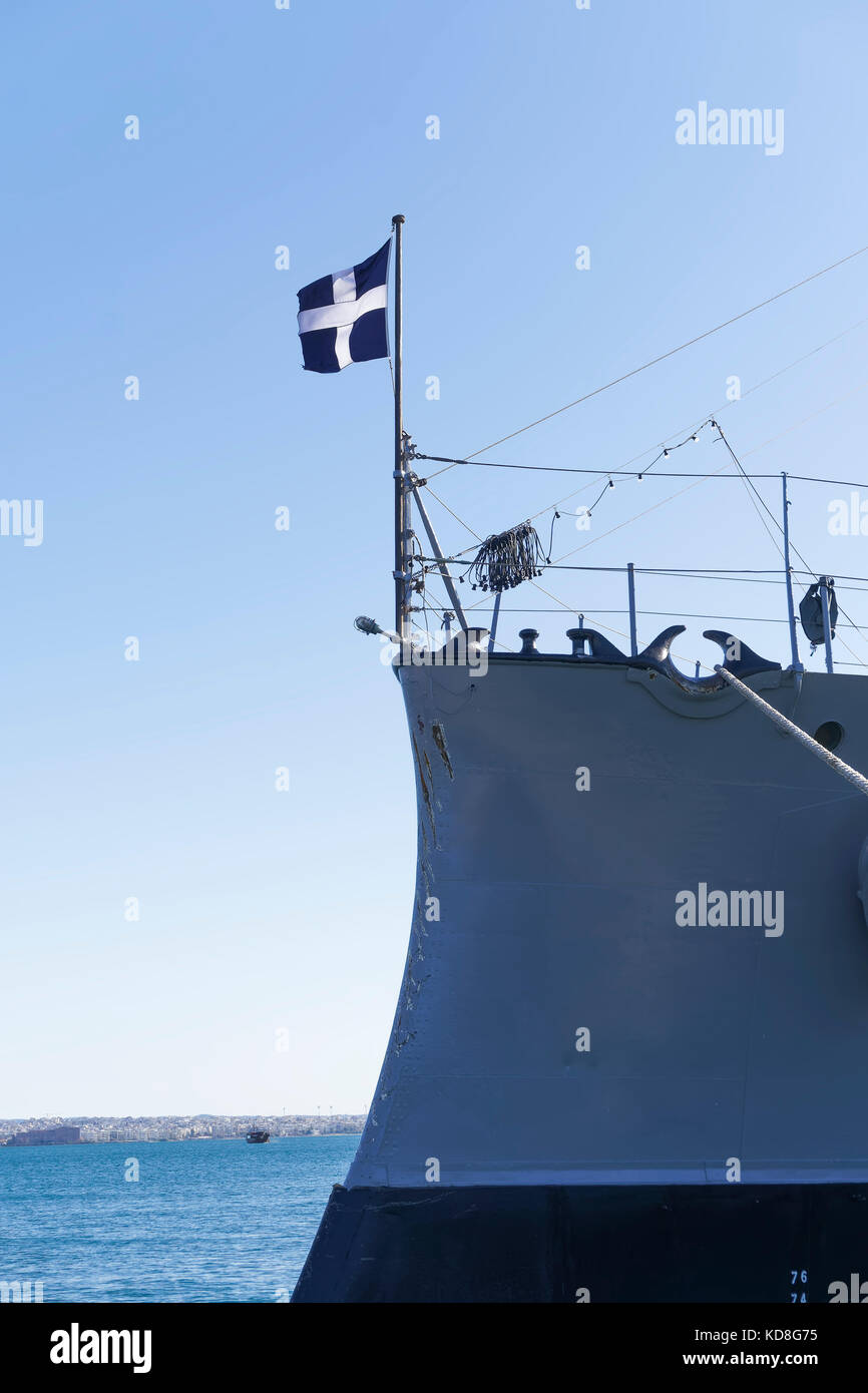 Greek warship Averof moored at port of Thessaloniki, Greece with Greek ...
